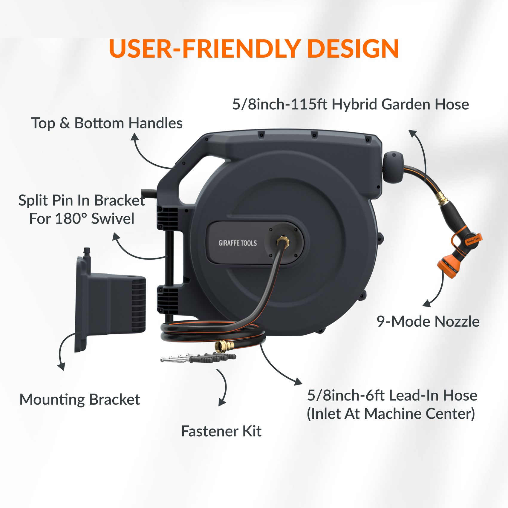 Retractable Garden Hose Reel 5/8in 115ft | Giraffe Tools