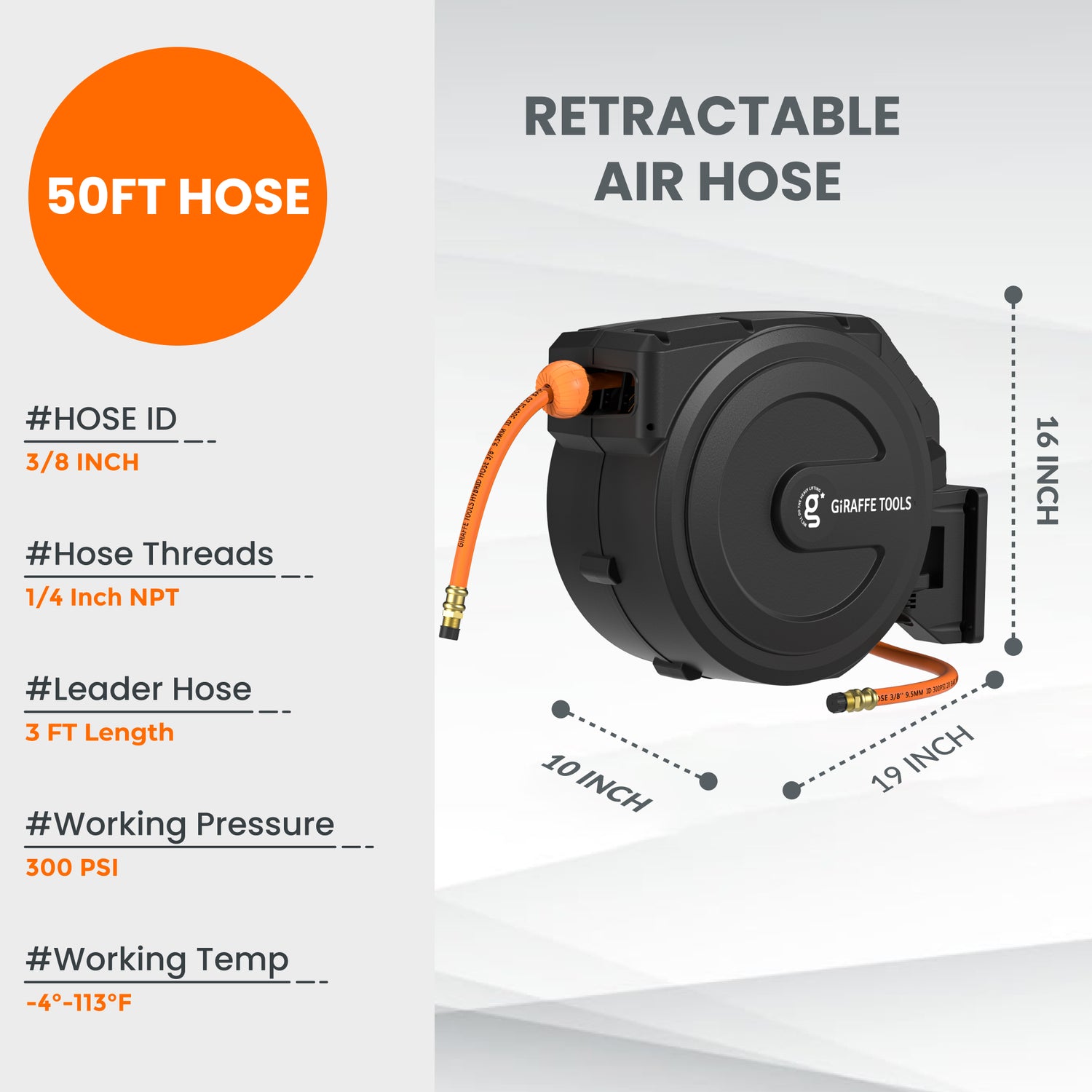 Retractable Air Hose Reel-PP Housing 3/8in 50ft | Giraffe Tools